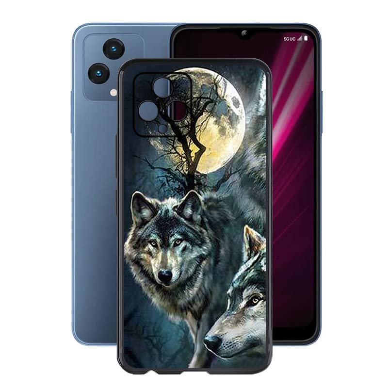 AQGG for T-Mobile Revvl 6 5G [6.52"] Case, Soft Silicone Bumper Shell Black Flexible Rubber Phone Protective Cases TPU Cover for T-Mobile Revvl 6 5G -Moon and Wolf