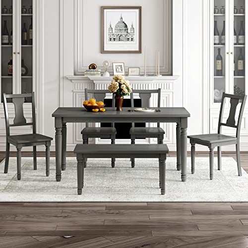 P PURLOVE 6 Piece Dining Table Set, Wood Dining Room Table and 4 Chairs, 1 Bench, Retro Style Kitchen Table Set for 6 Persons, Gray