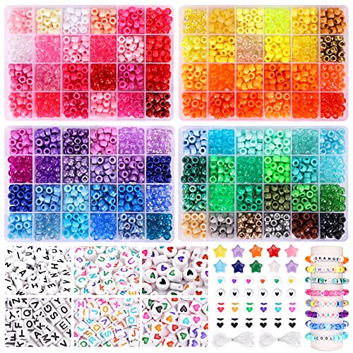 QUEFE 3250pcs Pony Beads Set, Kandi Beads 2400pcs Rainbow Beads in 96 Colors, 800pcs Letter and Heart Beads with 20 Meter Elastic Threads for Bracelet Jewelry Necklace Making