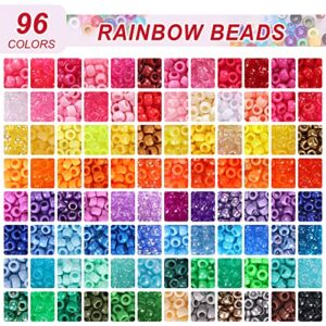 QUEFE 3250pcs Pony Beads Set, Kandi Beads 2400pcs Rainbow Beads in 96 Colors, 800pcs Letter and Heart Beads with 20 Meter Elastic Threads for Bracelet Jewelry Necklace Making