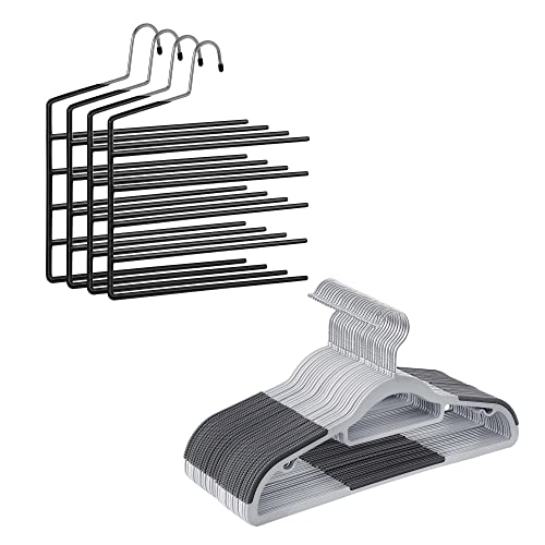 SONGMICS 30-Pack Hangers and Set of 4 Pants Hangers Bundle, Non-Slip Hangers for Closet Organization, 5-Tier Hangers, Open-Ended, for Shirts, Suits, Light and Dark Gray, Black UCRP20G30 and UCRI034B02