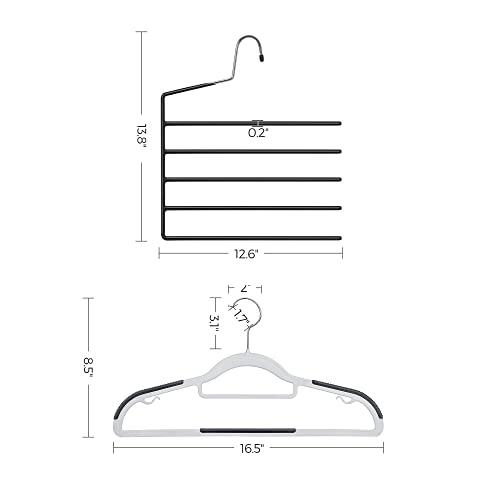 SONGMICS 30-Pack Hangers and Set of 4 Pants Hangers Bundle, Non-Slip Hangers for Closet Organization, 5-Tier Hangers, Open-Ended, for Shirts, Suits, Light and Dark Gray, Black UCRP20G30 and UCRI034B02