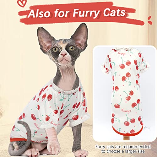 DENTRUN Cherry Pattern Sphynx Hairless Cats Shirt, Pullover Kitten T-Shirts with Puff Sleeves, Breathable Cat Wear Cute Turtleneck Sweater Adorable Cat's Clothes Vest Pajamas Jumpsuit, XS