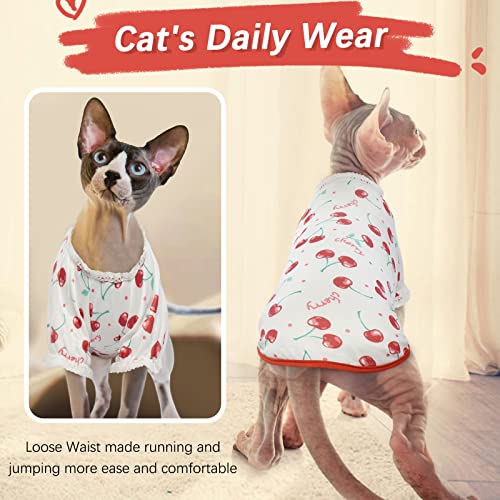 DENTRUN Cherry Pattern Sphynx Hairless Cats Shirt, Pullover Kitten T-Shirts with Puff Sleeves, Breathable Cat Wear Cute Turtleneck Sweater Adorable Cat's Clothes Vest Pajamas Jumpsuit, XS