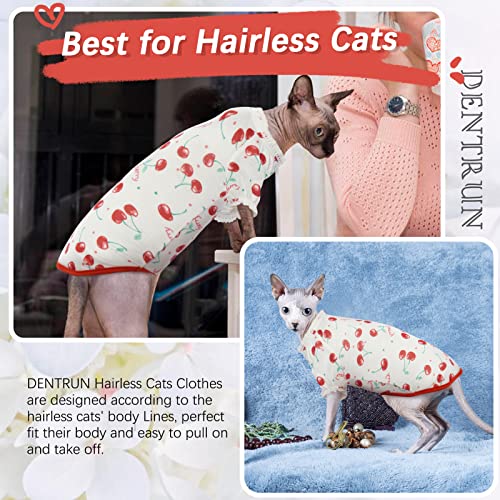 DENTRUN Cherry Pattern Sphynx Hairless Cats Shirt, Pullover Kitten T-Shirts with Puff Sleeves, Breathable Cat Wear Cute Turtleneck Sweater Adorable Cat's Clothes Vest Pajamas Jumpsuit, XS