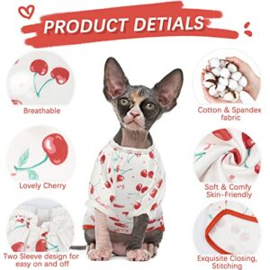 DENTRUN Cherry Pattern Sphynx Hairless Cats Shirt, Pullover Kitten T-Shirts with Puff Sleeves, Breathable Cat Wear Cute Turtleneck Sweater Adorable Cat's Clothes Vest Pajamas Jumpsuit, XS