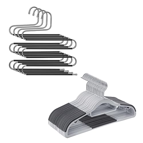 SONGMICS 30-Pack Hangers and 4 S-Shaped Pants Hangers Bundle, Metal and Plastic Non-Slip Hangers, Scarf Hanger, for Shirts, Suits, Jeans, Light and Dark Gray, Black UCRP20G30 and UCRI043BK