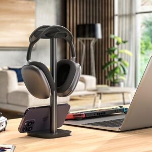 MANMUVIMO Headphone Stand, Desktop Headset Holder Heavy Base Desk Earphone Stand Aluminum Gaming Headset Hanger Rack for AirPods Max, AirPods, AirPods Pro, Sony, Beats, Bose, Razer and More(Black)