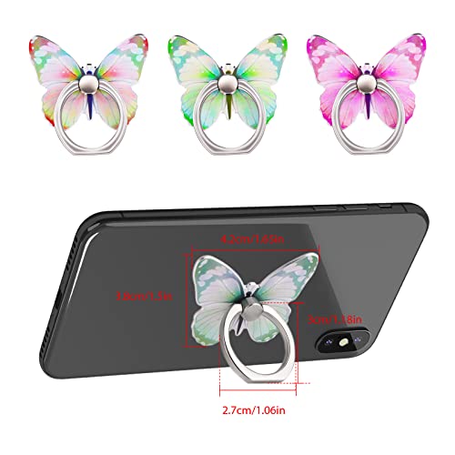 TIESOME Cute Buttery Phone Stand Holder, 3 Pcs Butteryfly Cell Phone Ring Stand Holder 360°Rotation Metal Kickstand Compatible with Most Smartphones Hand Grip with Knob Loop(Green, Pink, Yellow)