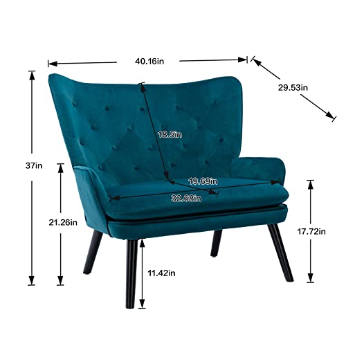 Dolonm Accent Chair Velvet Small Loveseat Tufted Button Wingback Armchair Modern Mid Century Settee Loveseat with Solid Wood Legs for Living Room Bedroom Reading Waiting Room (Teal)