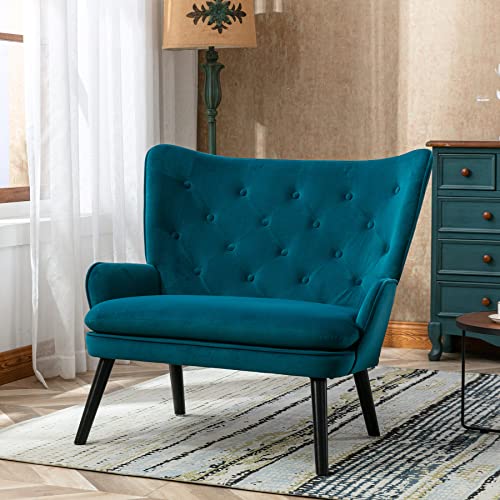 Dolonm Accent Chair Velvet Small Loveseat Tufted Button Wingback Armchair Modern Mid Century Settee Loveseat with Solid Wood Legs for Living Room Bedroom Reading Waiting Room (Teal)