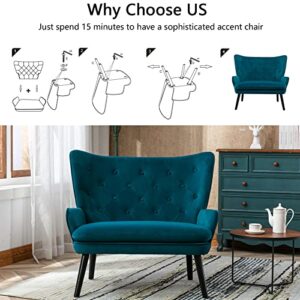 Dolonm Accent Chair Velvet Small Loveseat Tufted Button Wingback Armchair Modern Mid Century Settee Loveseat with Solid Wood Legs for Living Room Bedroom Reading Waiting Room (Teal)