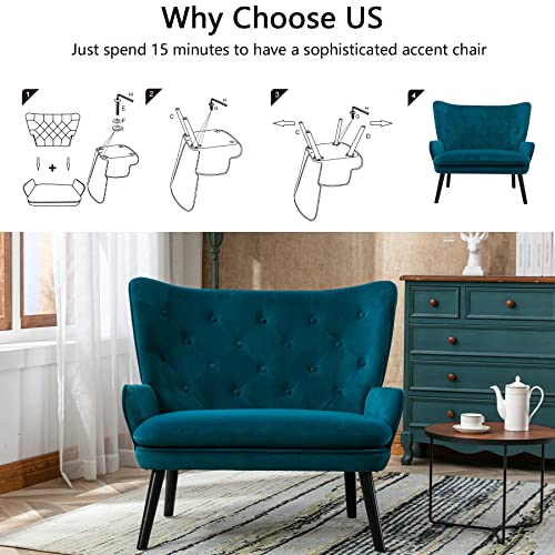 Dolonm Accent Chair Velvet Small Loveseat Tufted Button Wingback Armchair Modern Mid Century Settee Loveseat with Solid Wood Legs for Living Room Bedroom Reading Waiting Room (Teal)