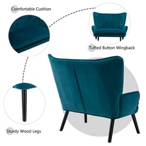 Dolonm Accent Chair Velvet Small Loveseat Tufted Button Wingback Armchair Modern Mid Century Settee Loveseat with Solid Wood Legs for Living Room Bedroom Reading Waiting Room (Teal)