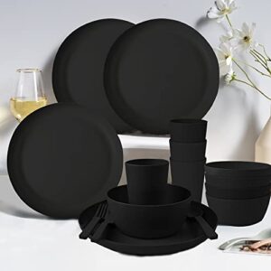 Wheat Straw Dinnerware Sets - 24 pcs Lightweight Unbreakable Dishwasher Microwave Safe Cups Cutlery Plates and Bowls Set for 4 Suitable for Camping Party Grill（Black）