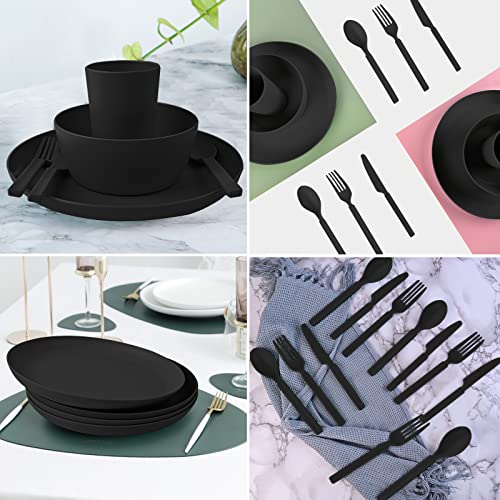 Wheat Straw Dinnerware Sets - 24 pcs Lightweight Unbreakable Dishwasher Microwave Safe Cups Cutlery Plates and Bowls Set for 4 Suitable for Camping Party Grill（Black）