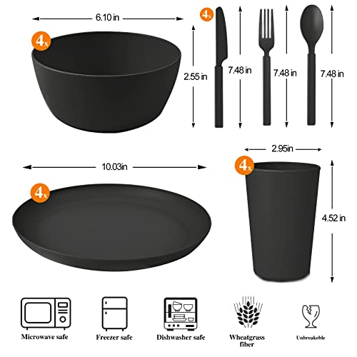 Wheat Straw Dinnerware Sets - 24 pcs Lightweight Unbreakable Dishwasher Microwave Safe Cups Cutlery Plates and Bowls Set for 4 Suitable for Camping Party Grill（Black）