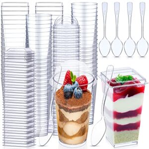 nuogo 3 oz mini dessert cups with lids and spoons clear plastic cups square parfait cups with lids round disposable plastic dessert cups dessert containers for party appetizer fruit pudding (100)