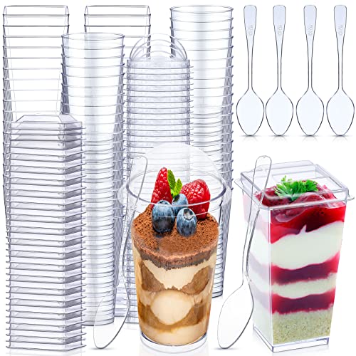 Nuogo 3 Oz Mini Dessert Cups with Lids and Spoons Clear Plastic Cups Square Parfait Cups with Lids Round Disposable Plastic Dessert Cups Dessert Containers for Party Appetizer Fruit Pudding (100)