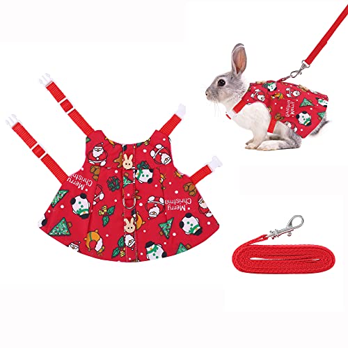 Filhome Adjustable Christmas Rabbit Harness and Leash Set, Small Animal Christmas Costume Bunny Clothes Santa Snowman Pattern Outfit for Ferret Guinea Pig Rabbit Bunny Hamster(Red/S)