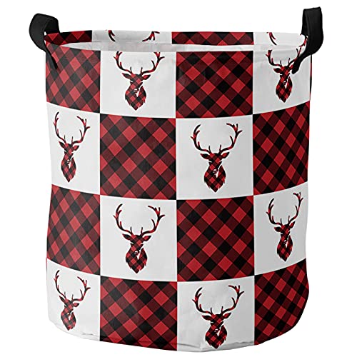 Laundry Basket Christmas Elk Red Buffalo Lattice,Waterproof Collapsible Clothes Hamper Antlers Black Plaid,Large Storage Bag for Bedroom Bathroom 60L