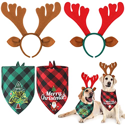 4 Pieces Christmas Dog Bandanas and Reindeer Antlers Headband Set, with 2 Christmas Dog Headband 2 Buffalo Plaid Pets Scarf Xmas Triangle Bibs Kerchief for Medium Large Dogs Pets Costume Accessories