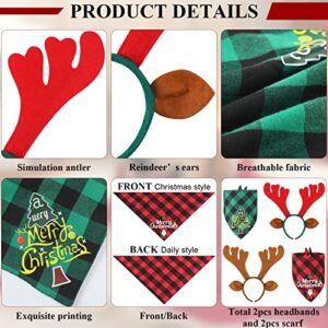 4 Pieces Christmas Dog Bandanas and Reindeer Antlers Headband Set, with 2 Christmas Dog Headband 2 Buffalo Plaid Pets Scarf Xmas Triangle Bibs Kerchief for Medium Large Dogs Pets Costume Accessories