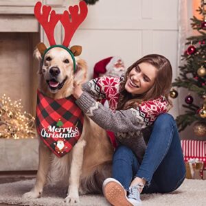 4 Pieces Christmas Dog Bandanas and Reindeer Antlers Headband Set, with 2 Christmas Dog Headband 2 Buffalo Plaid Pets Scarf Xmas Triangle Bibs Kerchief for Medium Large Dogs Pets Costume Accessories