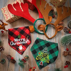 4 Pieces Christmas Dog Bandanas and Reindeer Antlers Headband Set, with 2 Christmas Dog Headband 2 Buffalo Plaid Pets Scarf Xmas Triangle Bibs Kerchief for Medium Large Dogs Pets Costume Accessories