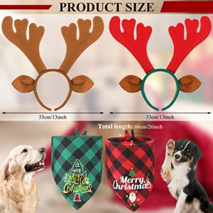 4 Pieces Christmas Dog Bandanas and Reindeer Antlers Headband Set, with 2 Christmas Dog Headband 2 Buffalo Plaid Pets Scarf Xmas Triangle Bibs Kerchief for Medium Large Dogs Pets Costume Accessories