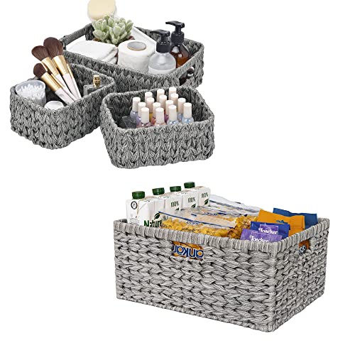 GRANNY SAYS Bundle of 1-Pack Gray Wicker Baskets & 3-Pack Wicker Storage Baskets for Organizing Shelves