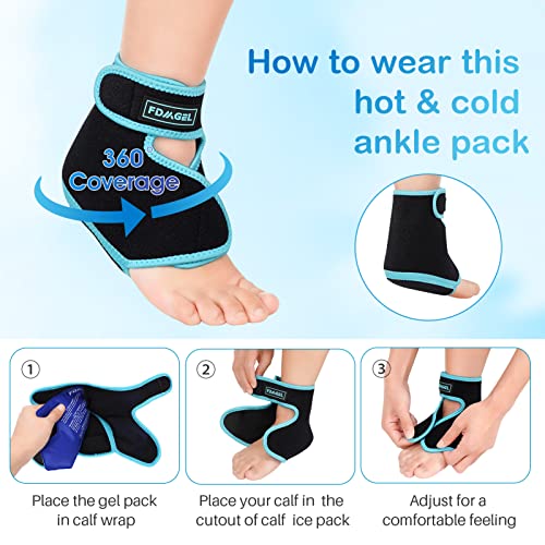 FDMGEL Ankle Ice Pack Wrap for Injuries Reusable, Hot Cold Compression Therapy, Foot Ice Pack with 2 Cold Gel Packs for Relief Sports Injury,Sprained Heel,Plantar Fasciitis,Achilles Tendonitis (Black)