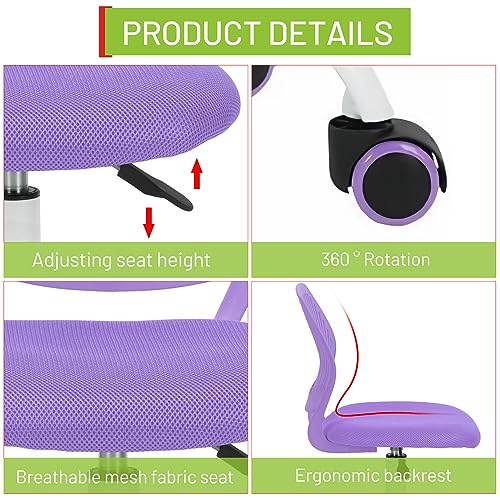 FurnitureR Students Cute Desk Chair, Low-Back Armless Swivel Seating with Lumbar Support Height Adjustable for Teens Boys Girls Youth Study Writing Task in Home Bedroom School, Purple