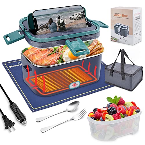 BlumWay Electric Lunch Box, 1.8L Food Heated Electric Lunch Box Leak-proof, 60W Heating Lunch Box with 304 Stainless Steel, 3 in 1 for 12V 24V 110V Portable Lunch Warmer for Office Car Truck