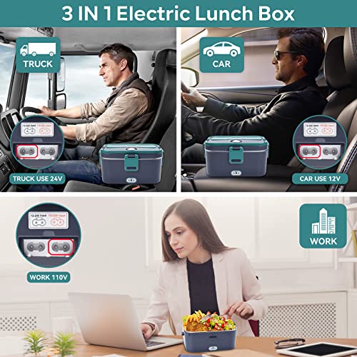 BlumWay Electric Lunch Box, 1.8L Food Heated Electric Lunch Box Leak-proof, 60W Heating Lunch Box with 304 Stainless Steel, 3 in 1 for 12V 24V 110V Portable Lunch Warmer for Office Car Truck