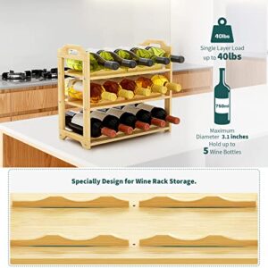 KOK KAY Water Bottle Organizer, Stackable Bamboo Water Bottle Holder, 15 Freestanding Wine Rack Storage, 3-Layer Adjustable Water Bottle Storage Organizer Rack