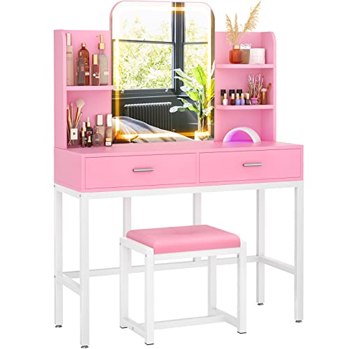 armocity Vanity Desk with LED Lighted Mirror, Makeup Vanity with Cushioned Stool, Vanity Table Set with 3 Color Lighting Options, Modern Dressing Table with 2 Storage Drawers for Bedroom, Pink