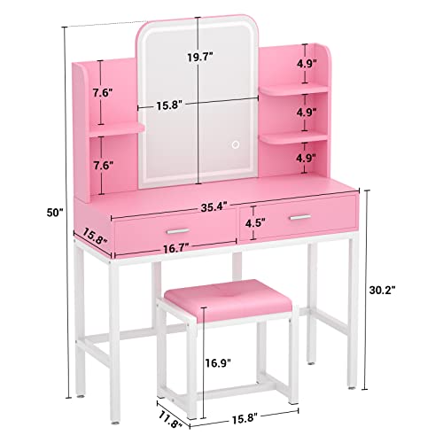 armocity Vanity Desk with LED Lighted Mirror, Makeup Vanity with Cushioned Stool, Vanity Table Set with 3 Color Lighting Options, Modern Dressing Table with 2 Storage Drawers for Bedroom, Pink