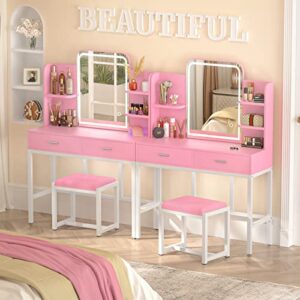 armocity Vanity Desk with LED Lighted Mirror, Makeup Vanity with Cushioned Stool, Vanity Table Set with 3 Color Lighting Options, Modern Dressing Table with 2 Storage Drawers for Bedroom, Pink