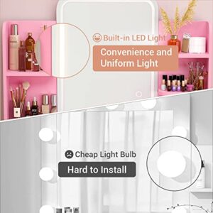 armocity Vanity Desk with LED Lighted Mirror, Makeup Vanity with Cushioned Stool, Vanity Table Set with 3 Color Lighting Options, Modern Dressing Table with 2 Storage Drawers for Bedroom, Pink