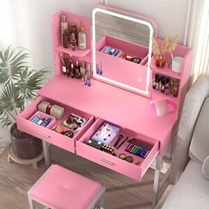 armocity Vanity Desk with LED Lighted Mirror, Makeup Vanity with Cushioned Stool, Vanity Table Set with 3 Color Lighting Options, Modern Dressing Table with 2 Storage Drawers for Bedroom, Pink