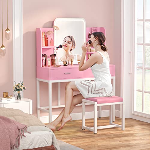 armocity Vanity Desk with LED Lighted Mirror, Makeup Vanity with Cushioned Stool, Vanity Table Set with 3 Color Lighting Options, Modern Dressing Table with 2 Storage Drawers for Bedroom, Pink