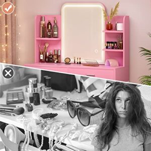 armocity Vanity Desk with LED Lighted Mirror, Makeup Vanity with Cushioned Stool, Vanity Table Set with 3 Color Lighting Options, Modern Dressing Table with 2 Storage Drawers for Bedroom, Pink