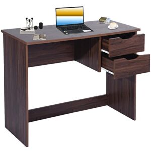 fontoi computer desk for home office 35.4" multipurpose study writing table workstations with 2 storage drawers, walnut