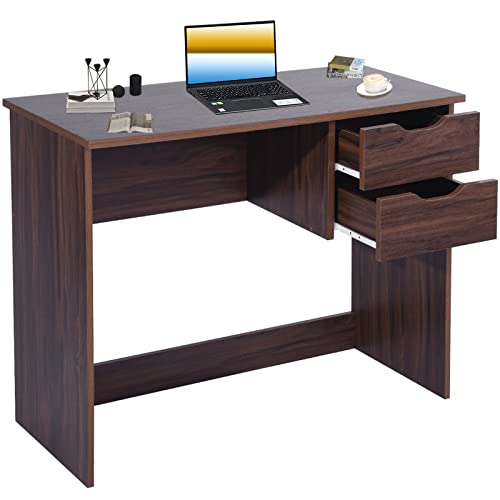 FONTOI Computer Desk for Home Office 35.4" Multipurpose Study Writing Table Workstations with 2 Storage Drawers, Walnut