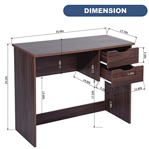 FONTOI Computer Desk for Home Office 35.4" Multipurpose Study Writing Table Workstations with 2 Storage Drawers, Walnut