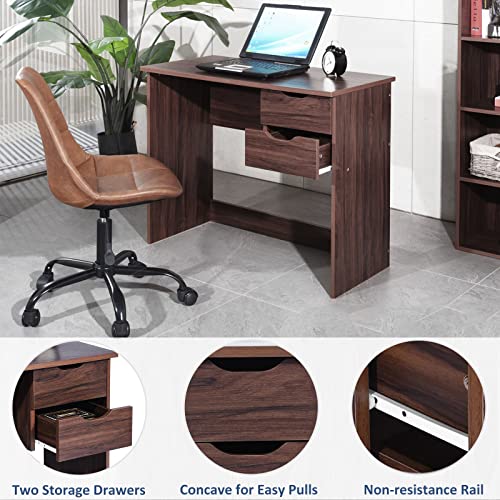 FONTOI Computer Desk for Home Office 35.4" Multipurpose Study Writing Table Workstations with 2 Storage Drawers, Walnut