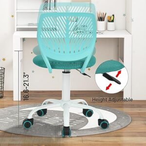 FurnitureR Desk Chair Small Study Chairs Armless for Child Kids Teens, Swivel Rolling Lightweight Task Chair with Wheels and Mesh Padded Cushion, Turquoise