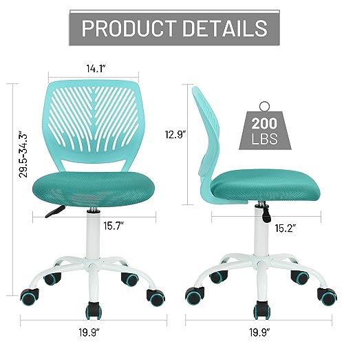 FurnitureR Desk Chair Small Study Chairs Armless for Child Kids Teens, Swivel Rolling Lightweight Task Chair with Wheels and Mesh Padded Cushion, Turquoise