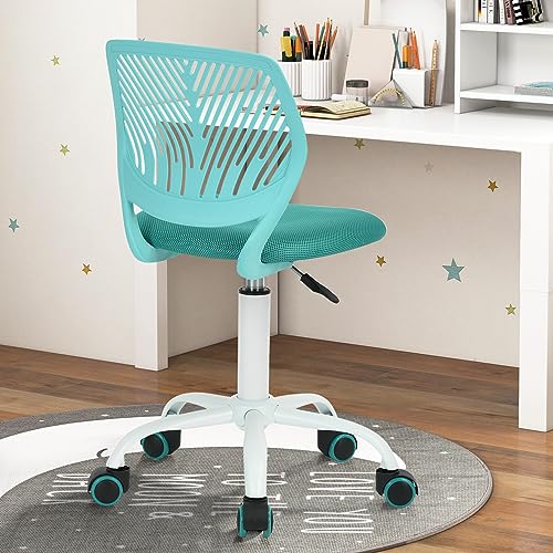 FurnitureR Desk Chair Small Study Chairs Armless for Child Kids Teens, Swivel Rolling Lightweight Task Chair with Wheels and Mesh Padded Cushion, Turquoise